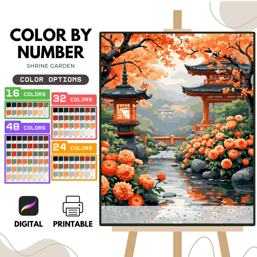 Japanese Shrine Garden Color by Number Page, Paint by Number, Digital ...