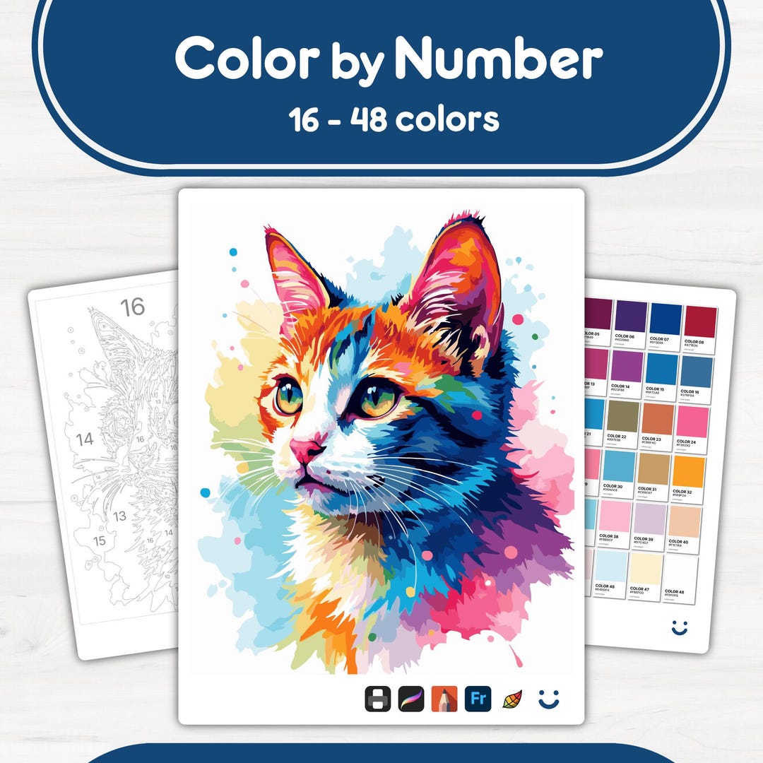 Colorful Cat Portrait - Color by Number - Digital & Printable - 4 ...