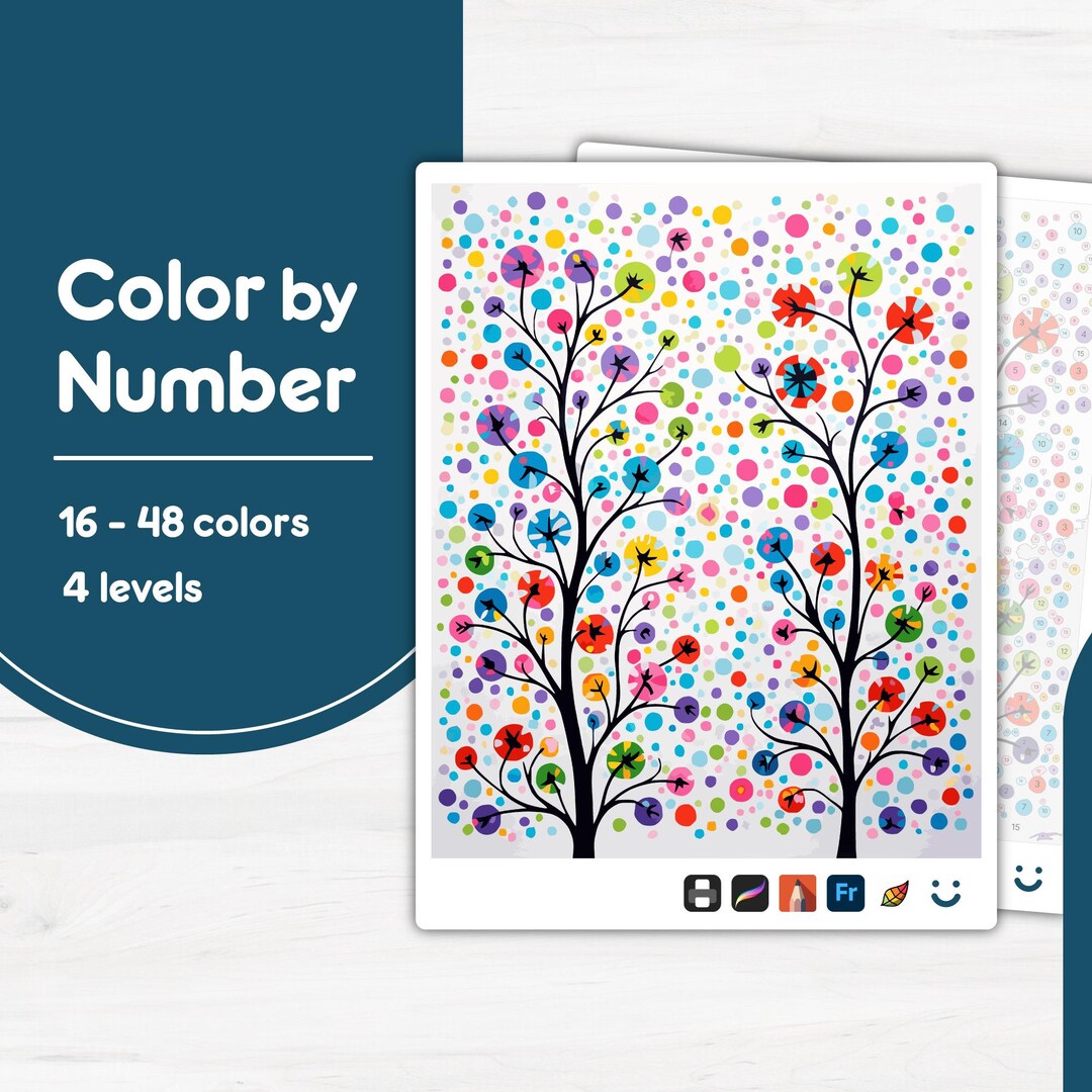 Colorful Tree Art Color by Number PBN for Procreate, Sketchbook, Prints ...