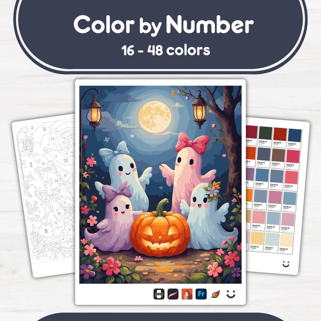 Cute Ghosts With Pumpkin - Color by Number - Digital & Printable - 4 ...