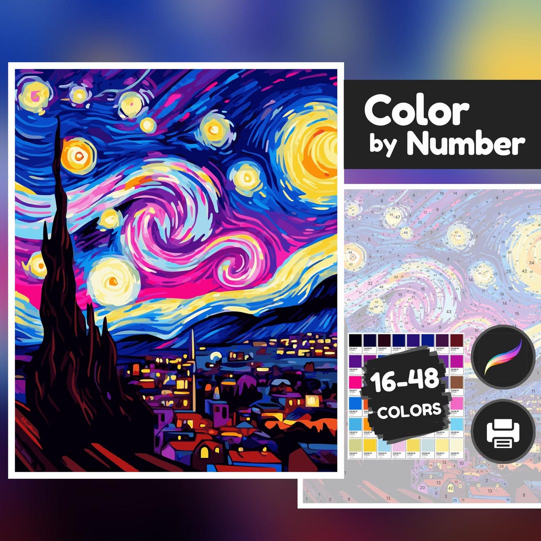 Violet Starry Night Color by Number Pages, Paint by Number, Digital ...