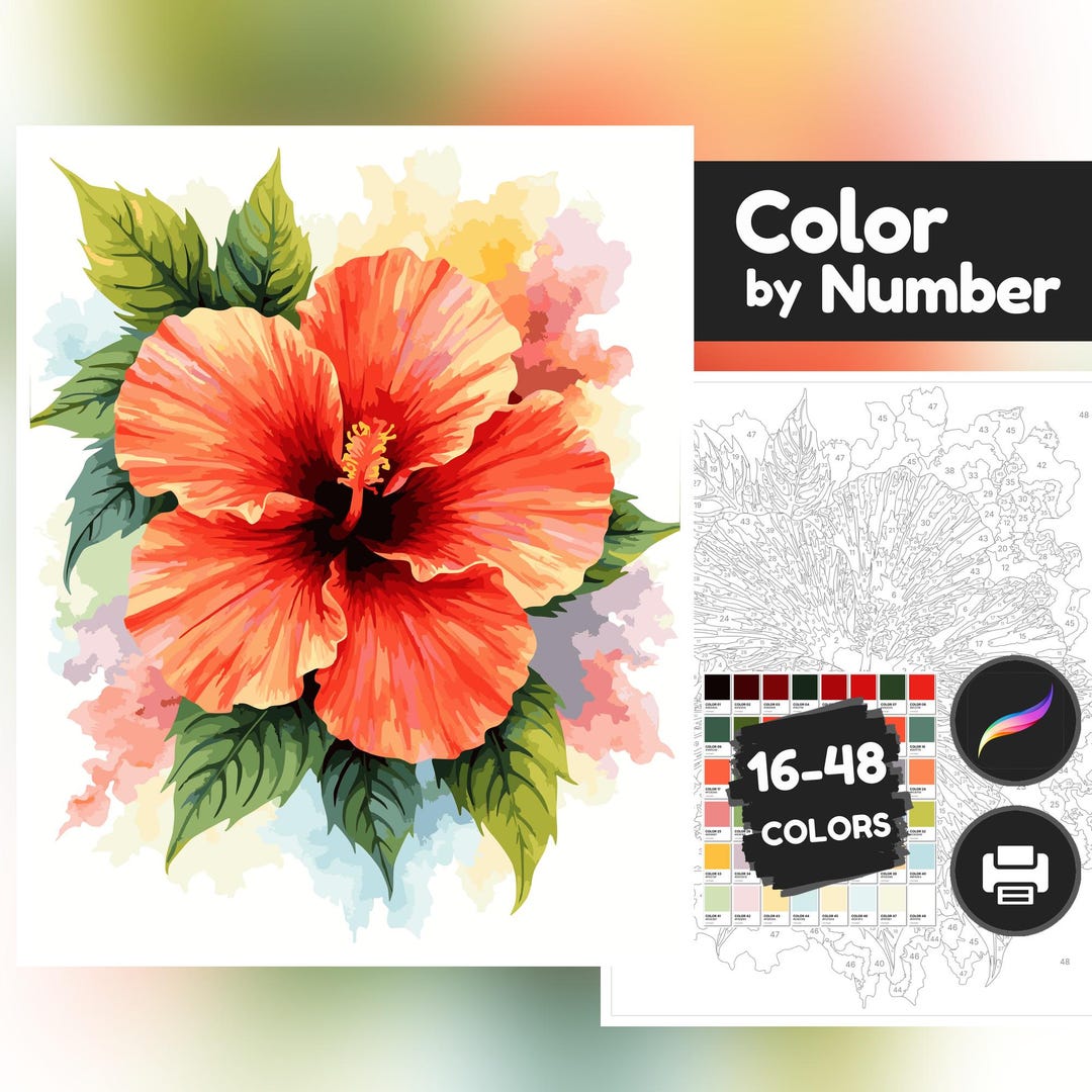 Bright Hibiscus Flower Advanced Color by Number, Paint by Number ...