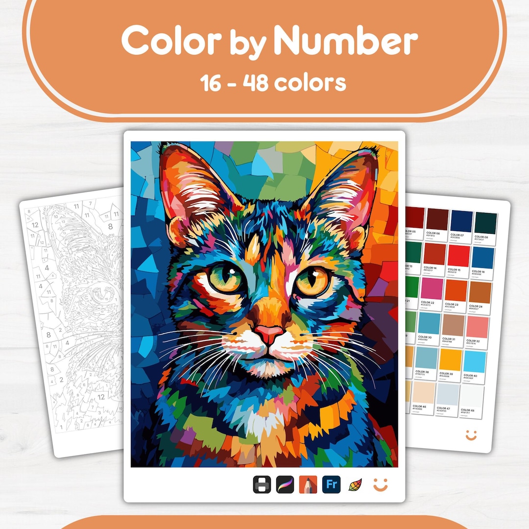 Vibrant Cat Face - Color by Number - Digital & Printable - 4 Levels - Etsy