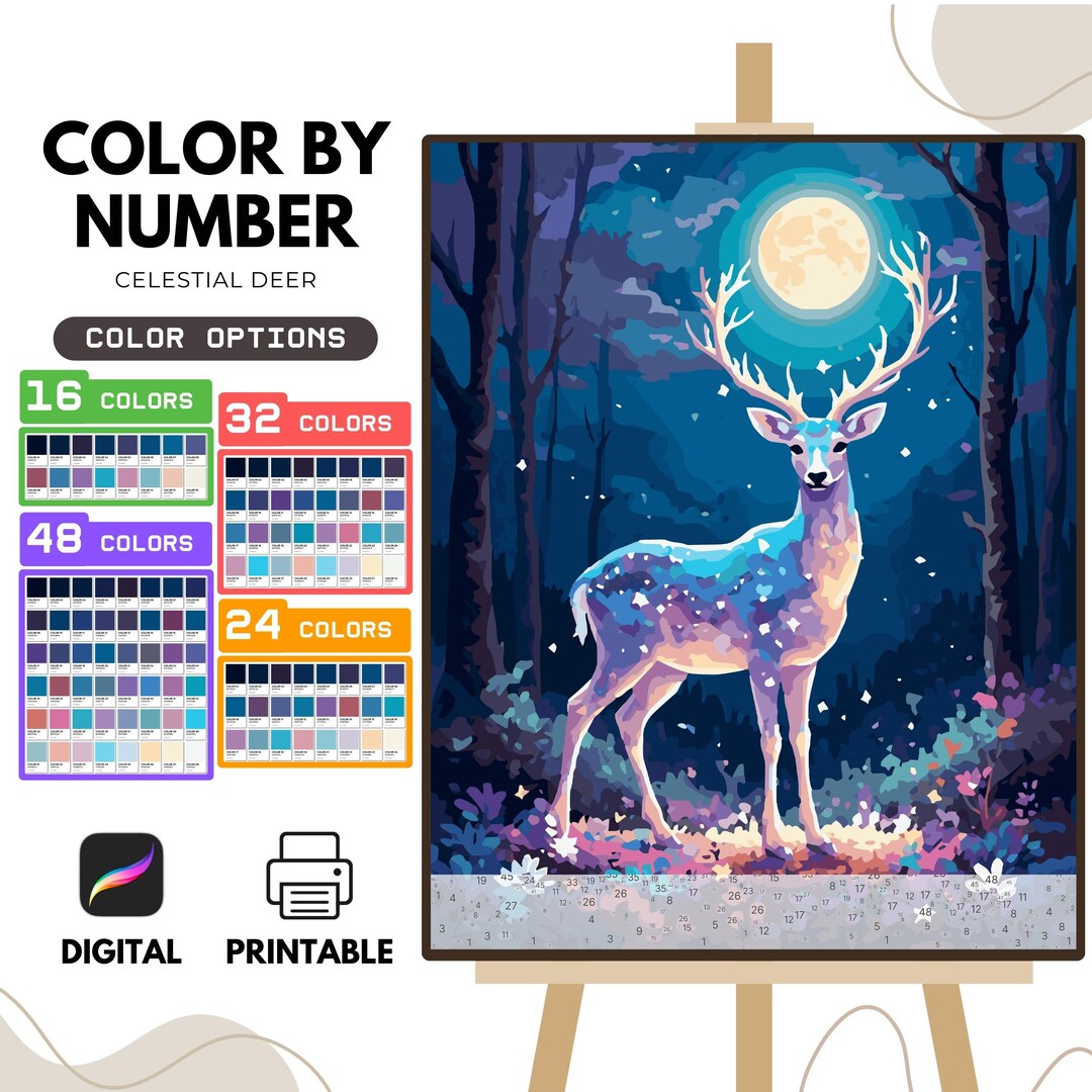 Celestial Deer Color by Number Pages, Paint by Number, Digital ...