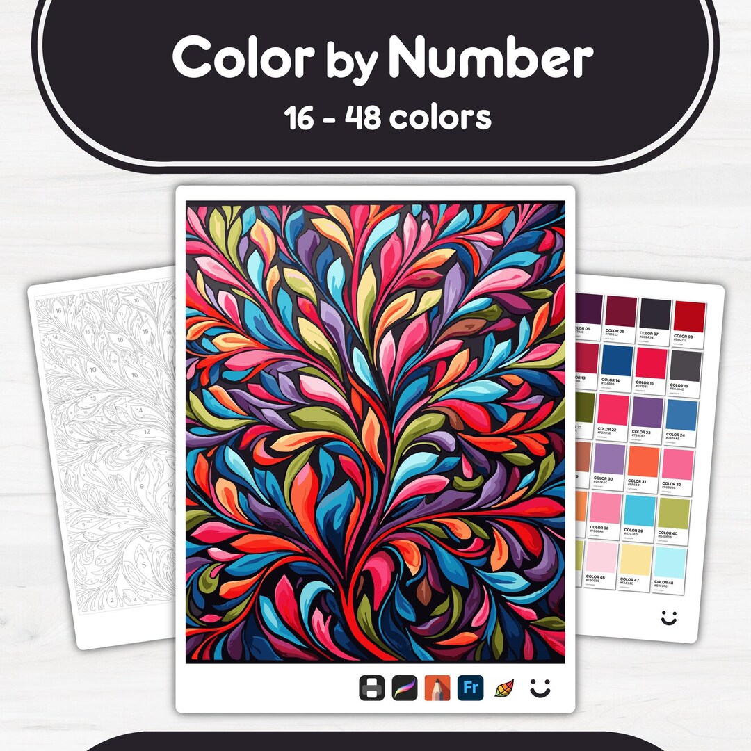 Colorful Leaf Design - Color by Number - Digital & Printable - 4 Levels ...