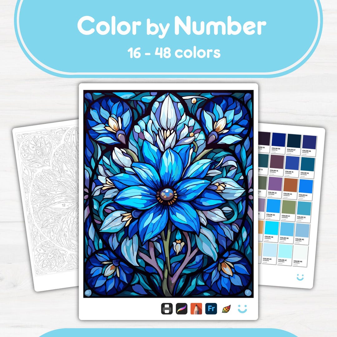 Blue Flower Design - Color by Number - Digital & Printable - 4 Levels ...