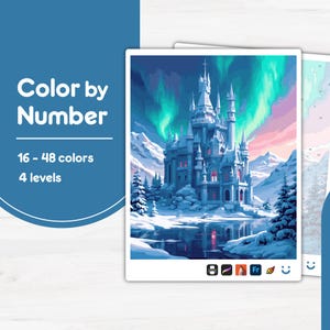 Snowy Castle Under Aurora Color by Number PBN for Procreate, Sketchbook ...