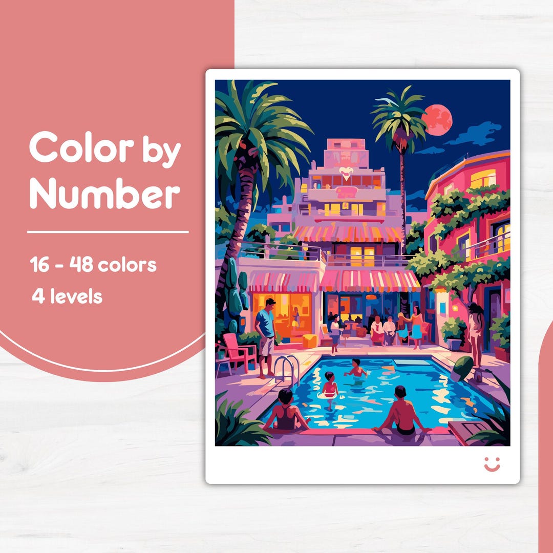 Vibrant Pool Party Scene Color by Number PBN for Procreate, Sketchbook ...