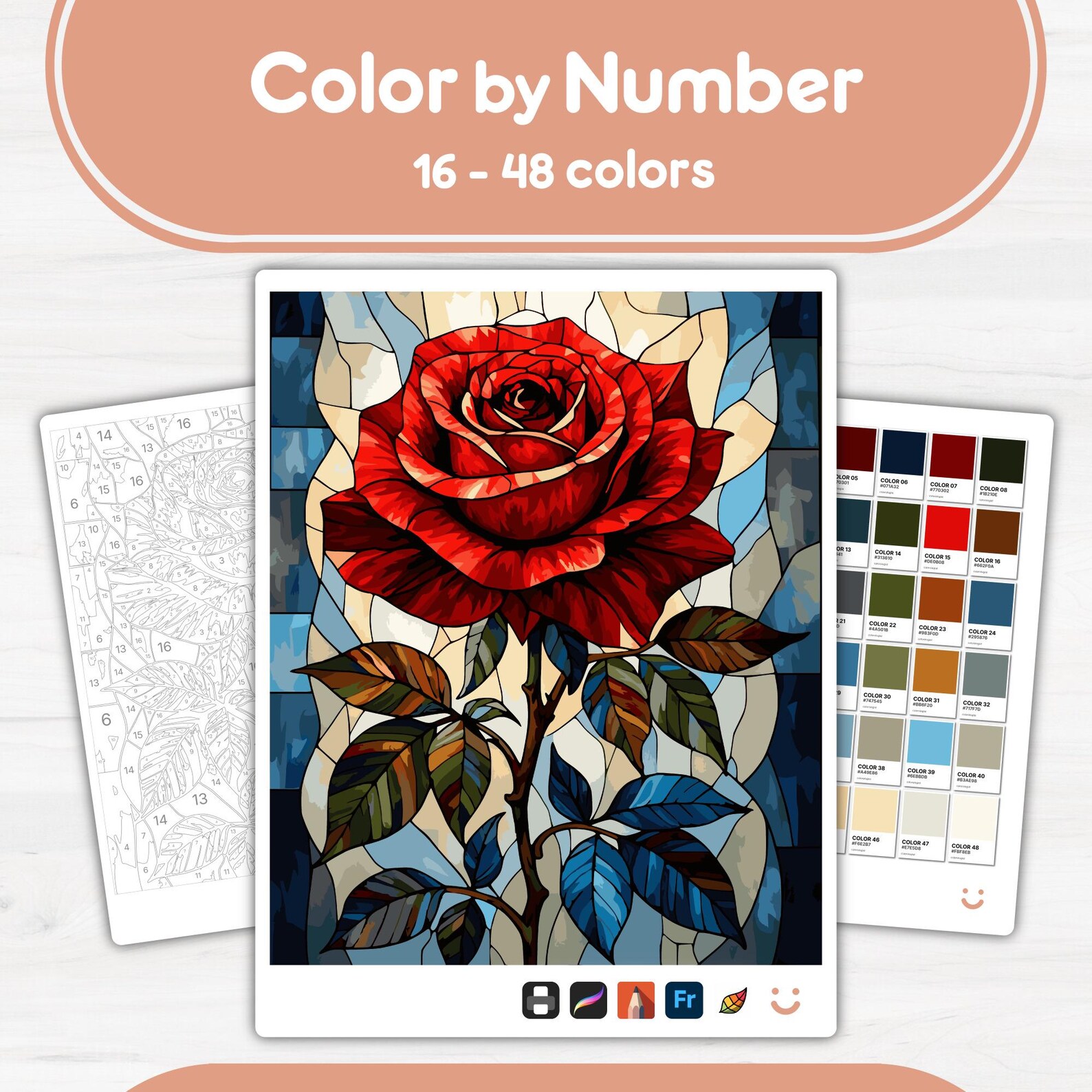 Red Rose Stained Glass - Color by Number - Digital & Printable - 4 ...