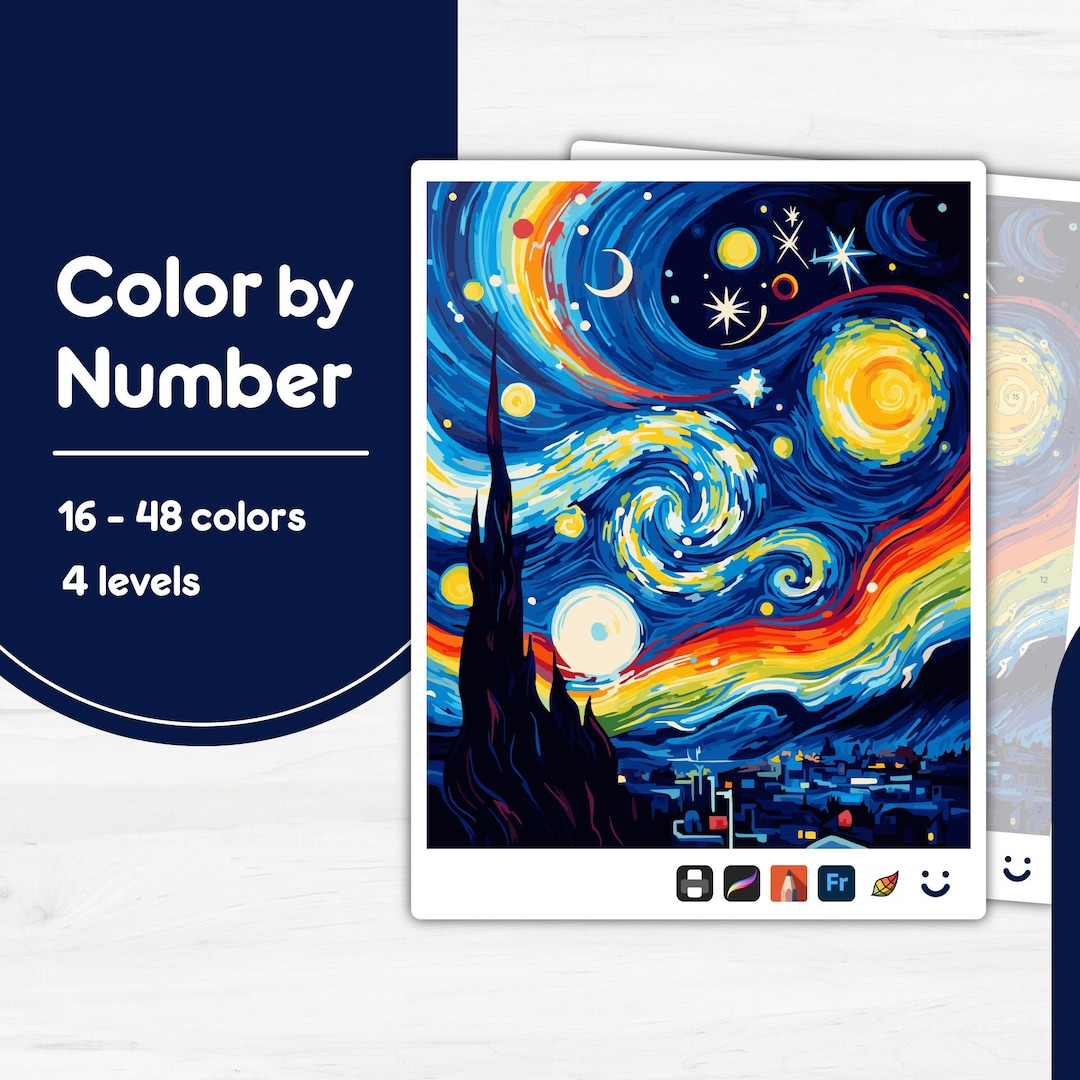 Starry Night Sky Color by Number PBN for Procreate, Sketchbook, Prints ...