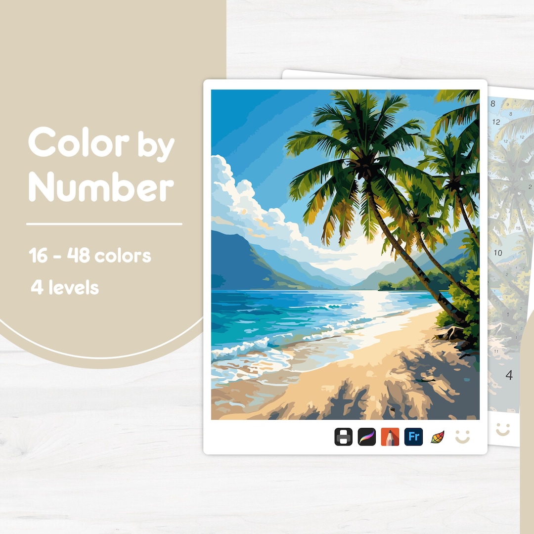Tropical Beach Scene - Color by Number - Digital & Printable - 4 Levels ...