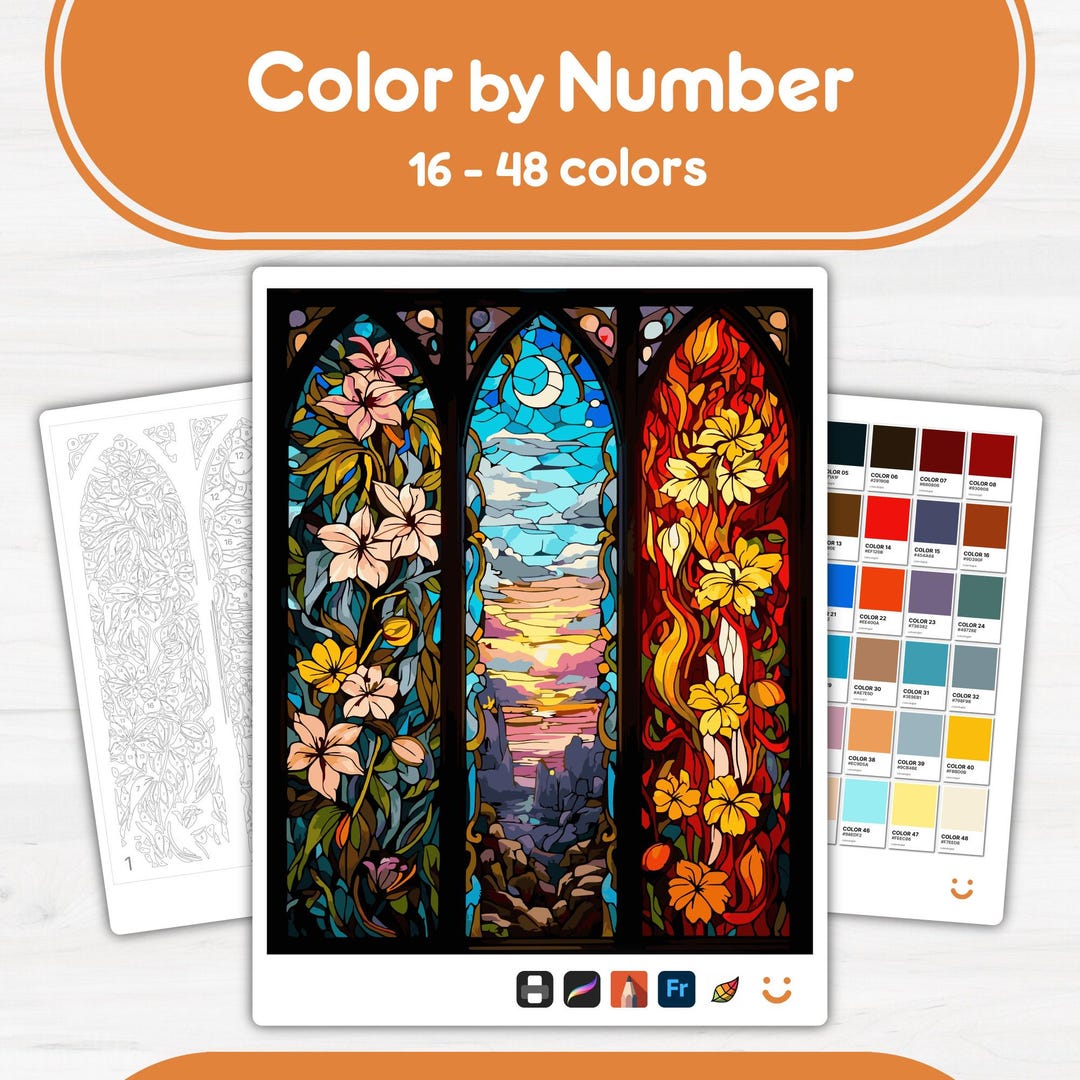 Colorful Stained Glass - Color by Number - Digital & Printable - 4 ...