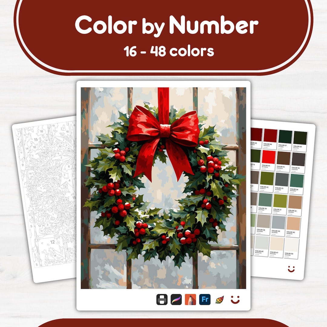 Christmas Wreath Decoration - Color by Number - Digital & Printable - 4 ...
