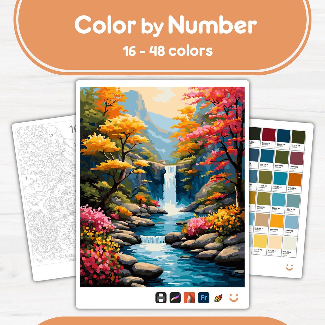 Colorful Waterfall Scene - Color by Number - Digital & Printable - 4 ...