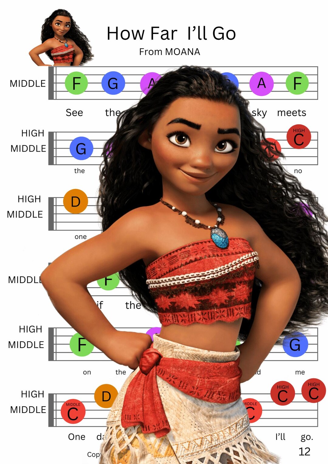 How Far I’ll Go, Moana - Colour-coded Piano Music - Etsy