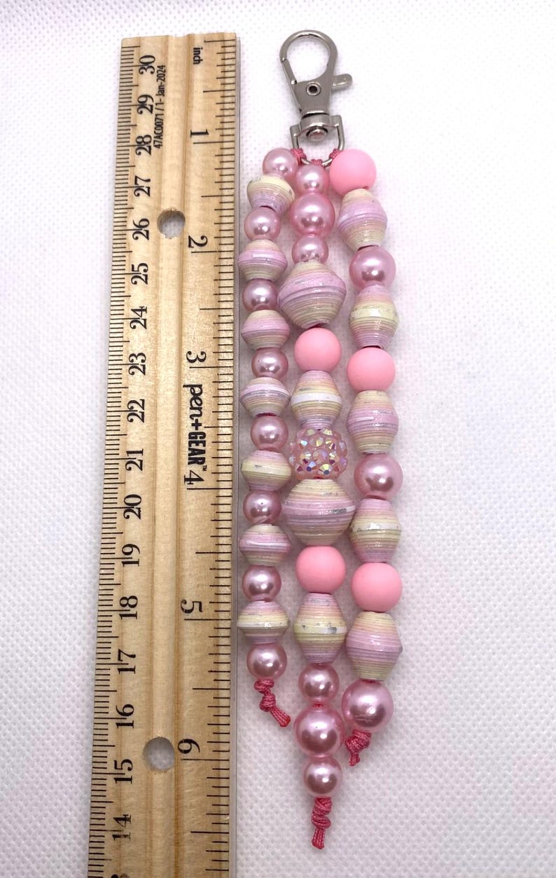 Handmade Paper Bead Bag Charm – Pink and Yellow Beaded Keychain With ...