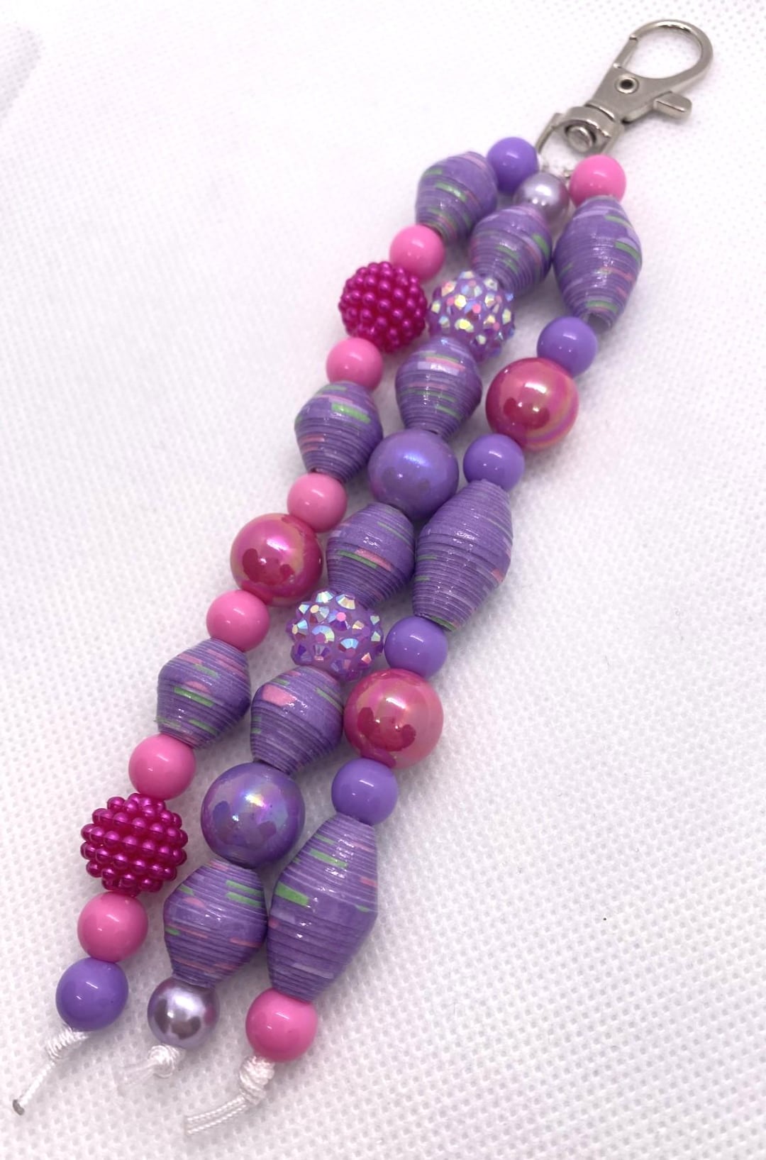 Handmade Paper Bead Bag Charm – Purple & Pink Beads – Beaded Keychain ...