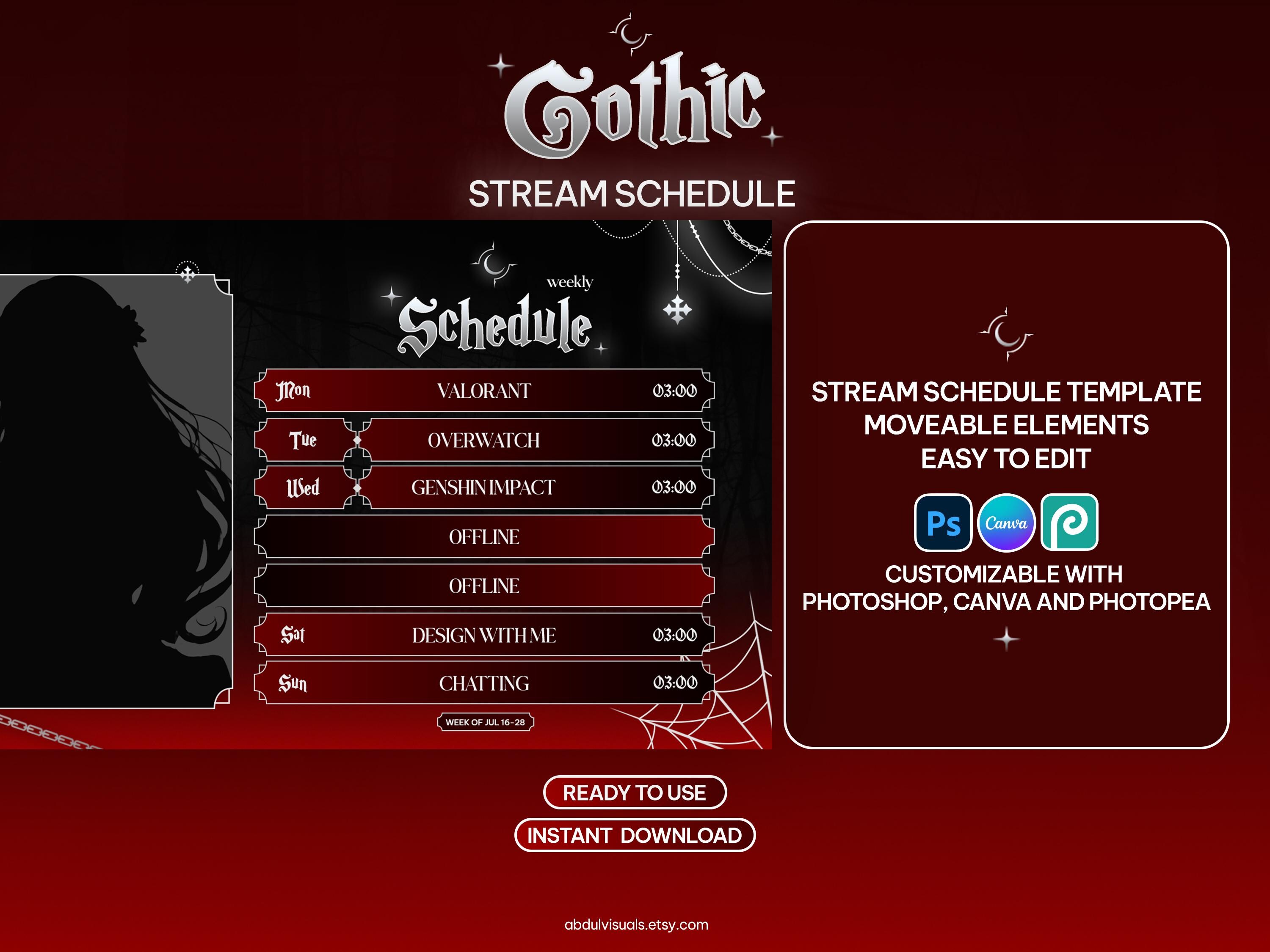 Goth Stream Schedule - Canva Customizable - Schedule Template - Red ...