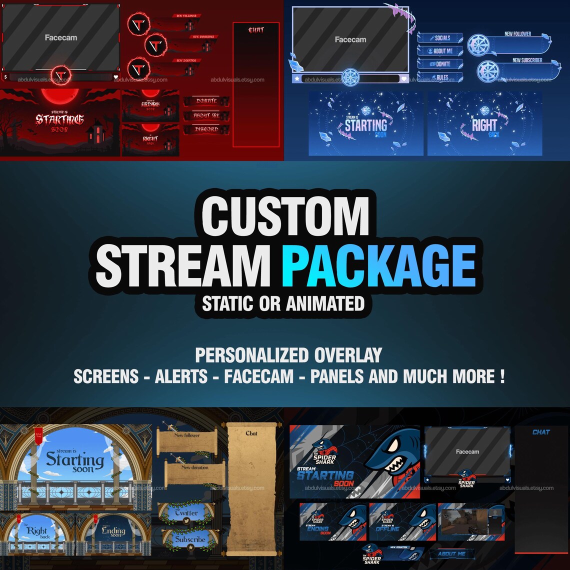 Custom Stream Overlay, Animated Twitch Overlay Package, Screens, Alerts ...