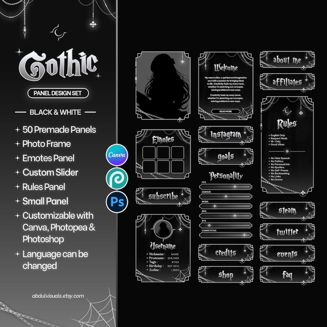 Goth Twitch Panels - Canva Customizable | 50 Stream Panels Set, Black ...