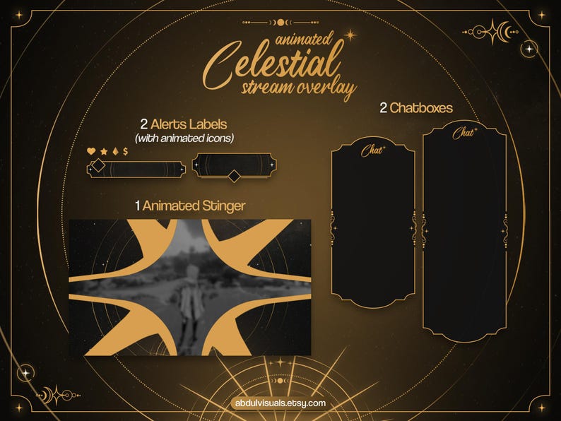 Animated Stream Overlay Celestial, Celestial Stream Pack, Gold, Mystical Theme, Animated Stream ...