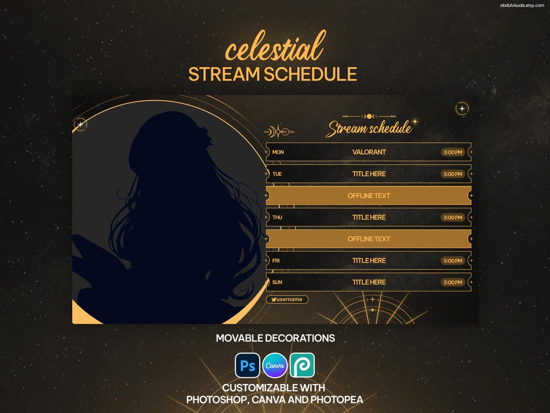 Celestial Stream Schedule Template, Customizable, Gold, Vtuber, Stream Schedule, Pngtuber Assets ...