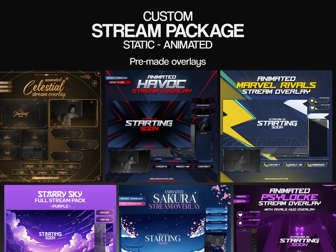 Custom Stream Overlay - Twitch Overlay Package - Screens, Alerts ...