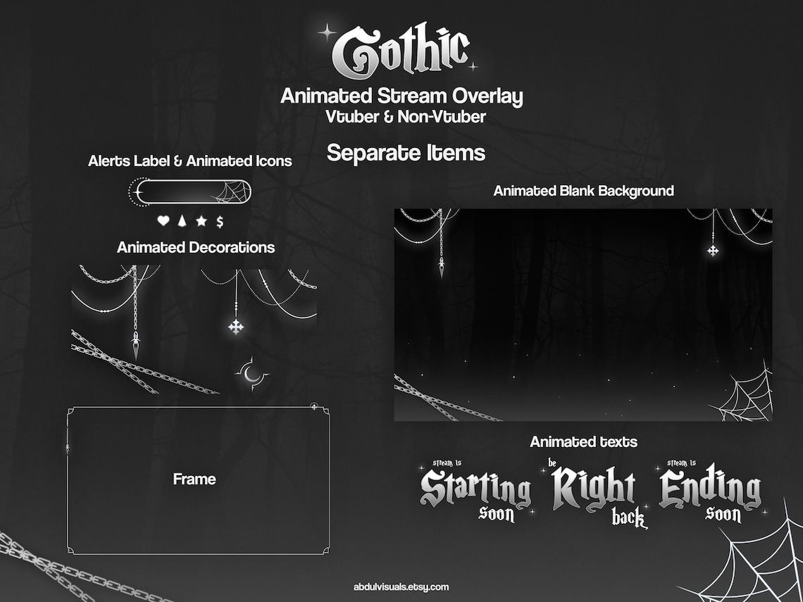Gothic Animated Stream Overlay, Black and White, Vtuber Stream Pack ...