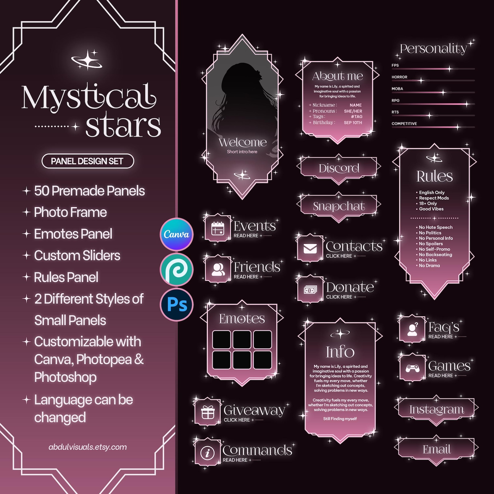Mystical Stars Twitch Panels - Canva Customizable | 50 Stream Panels ...