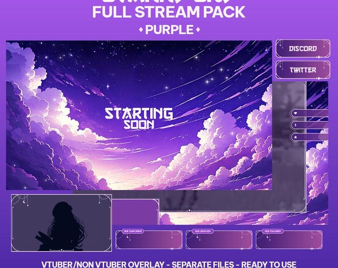 Animated Twitch Overlay Starry Sky Purple, Stars Stream Package, Vtuber ...