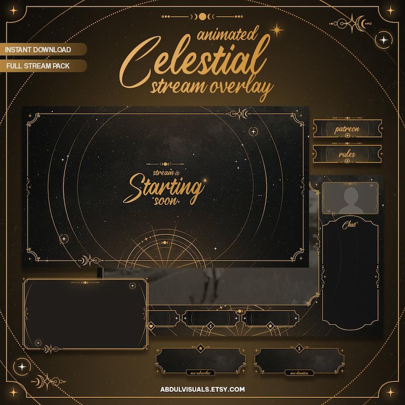 Animated Stream Overlay Celestial, Celestial Stream Pack, Gold ...