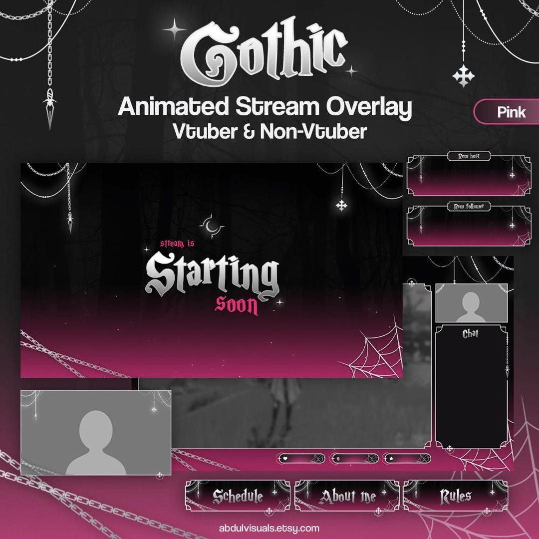 Gothic Animated Stream Overlay, Pink, Vtuber Stream Pack, Moon, Dark ...