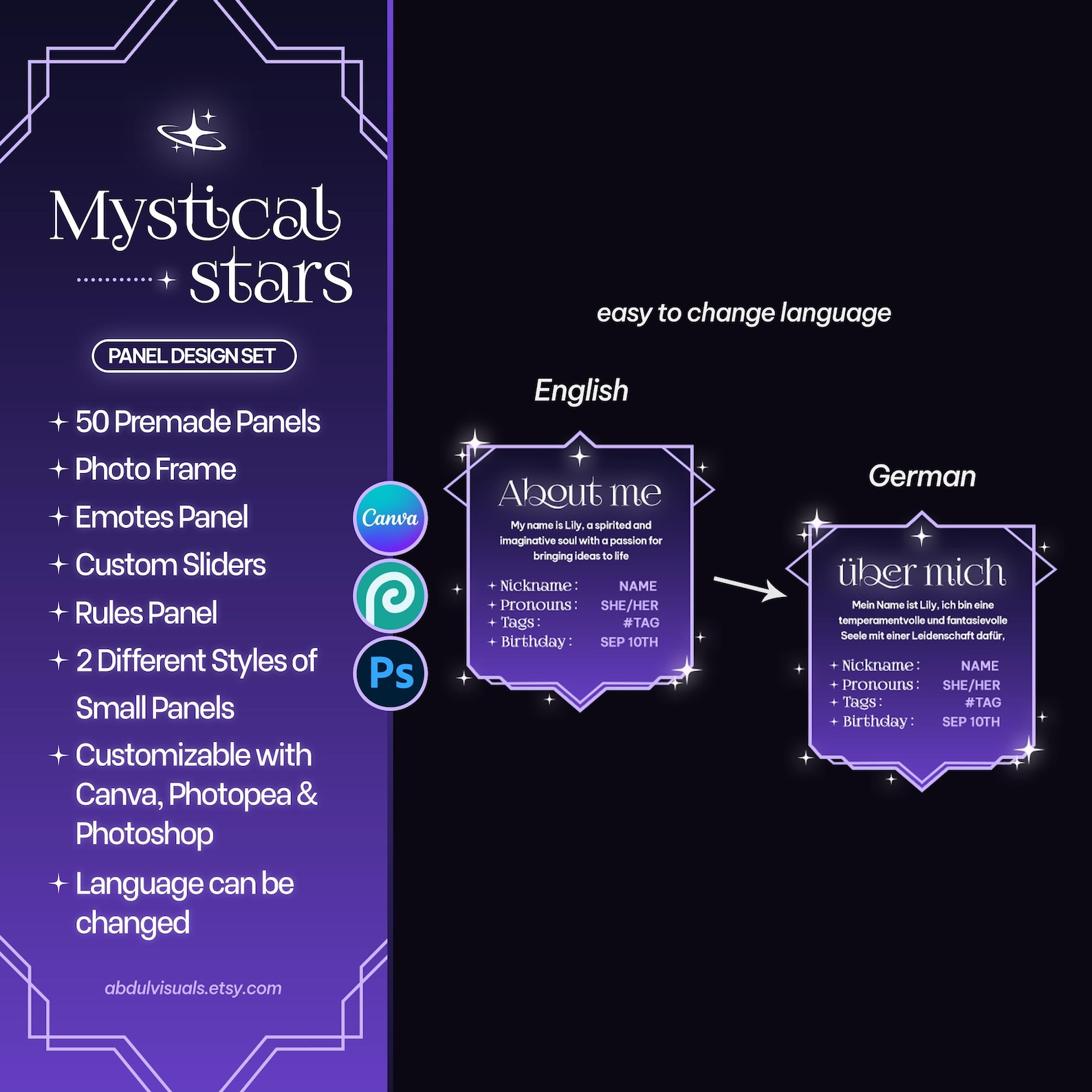 Mystical Stars Twitch Panels - Canva Customizable | 50 Stream Panels ...