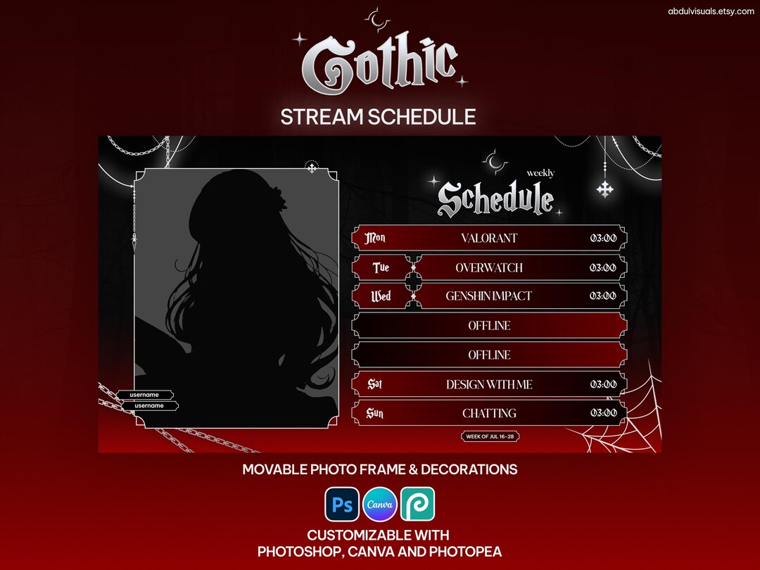Goth Stream Schedule - Canva Customizable - Schedule Template - Red ...