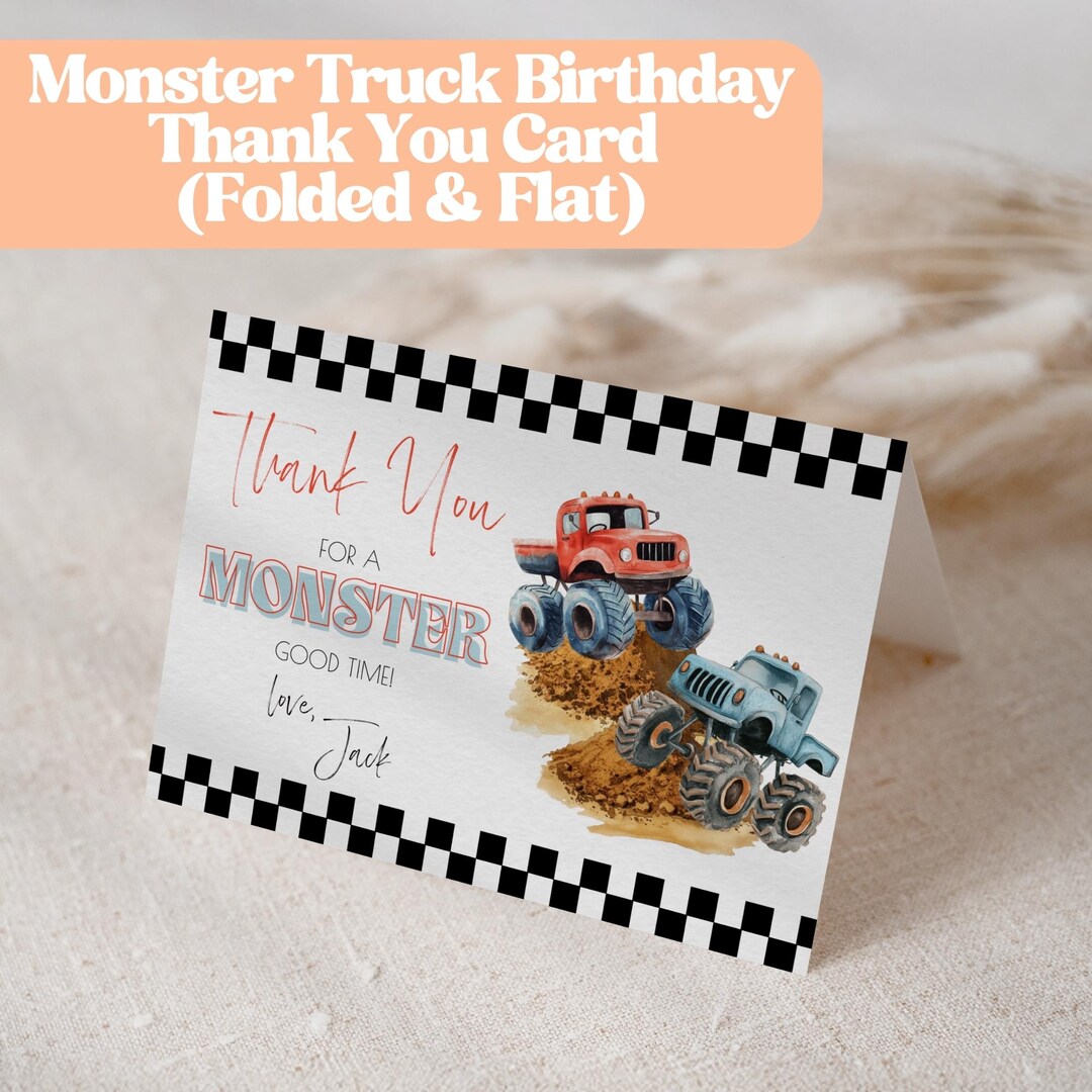 Monster Truck Birthday Thank You Card | Editable Digital Download | Boy ...