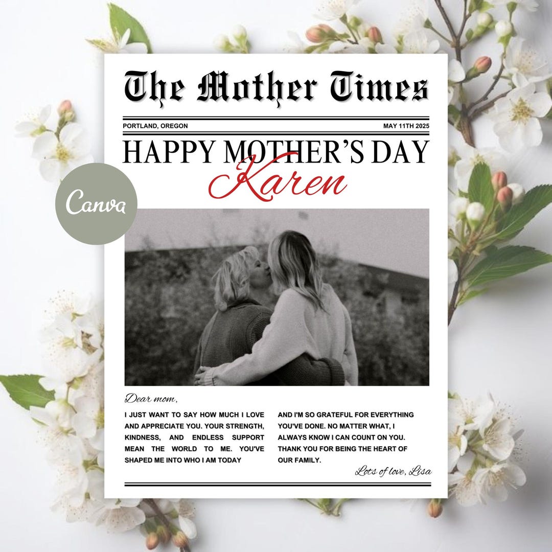 Mothers Day Newspaper Template | Mothers Day Gift | Personalized Gift ...