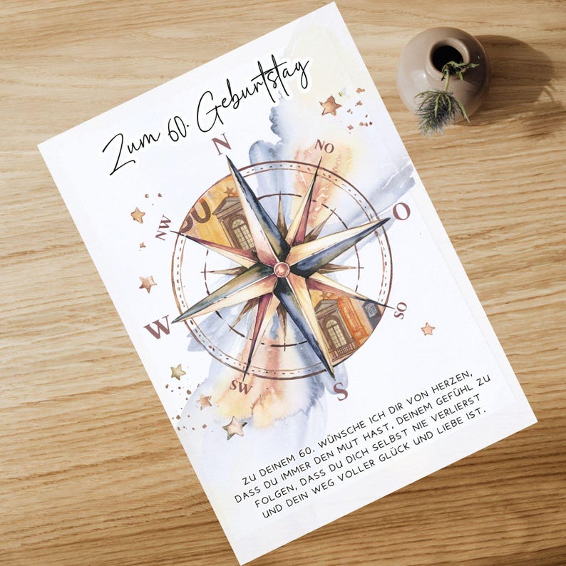 60th Birthday Money Gift | German Text, Compass Print (PDF Download) - Etsy