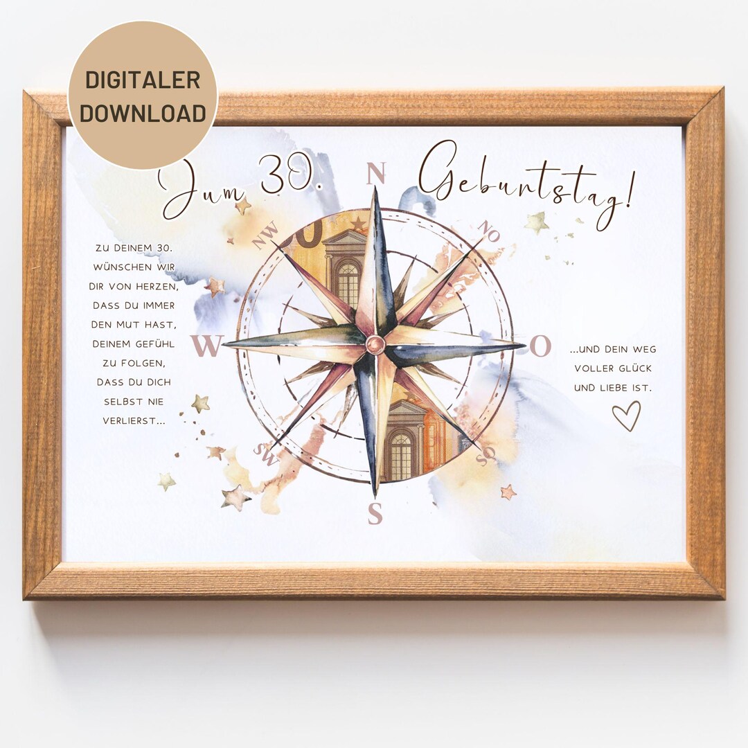 30th Birthday Money Gift Printable | German Text Compass Design (PDF ...