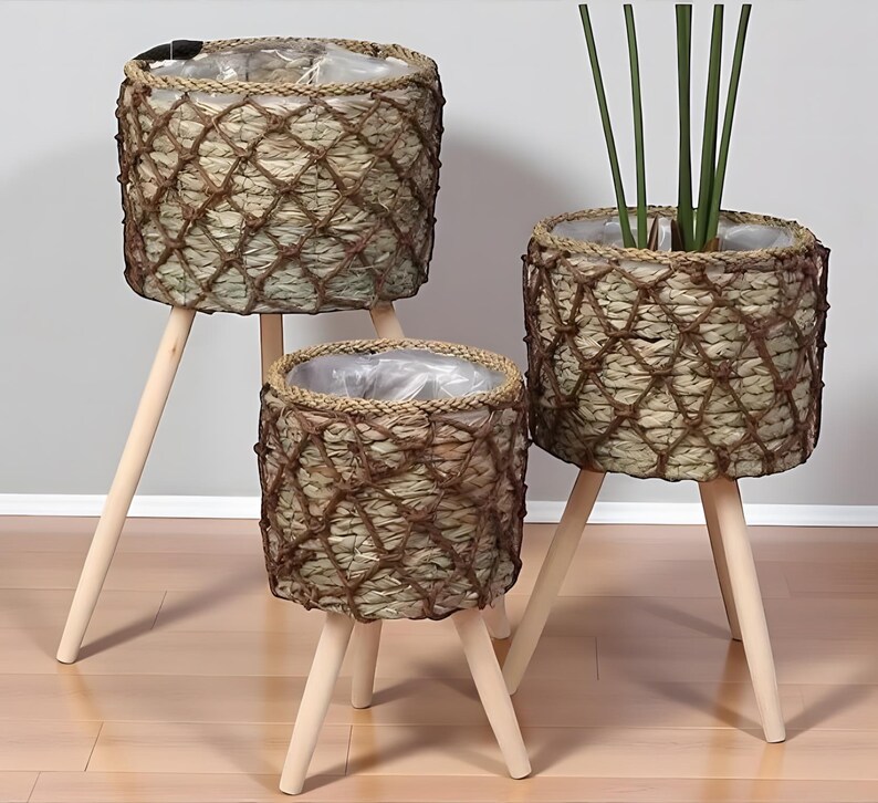 Multi-size High-leg Floor Plant Stand • Wooden Legs & Rattan Flower ...