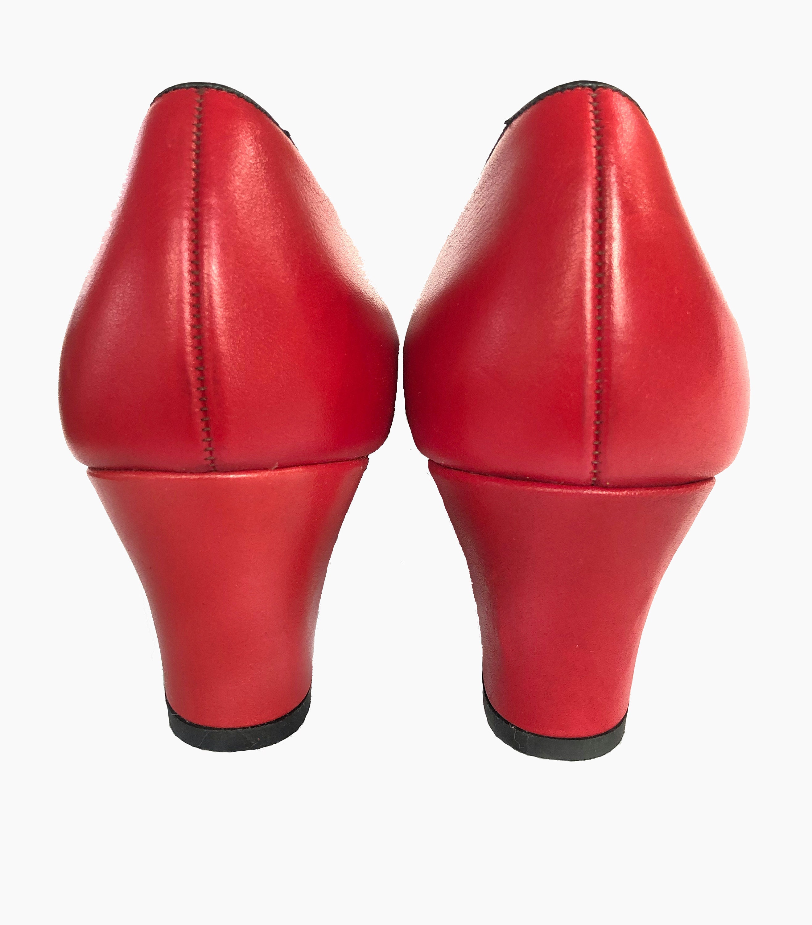Vintage 60s Cherry Red Leather Pumps Shoes 9B Square Toe Chunky Heel ...