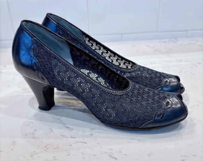 Vintage 40s Navy Blue Peep Toe Pumps Leather & Lacy Mesh X-narrow - Etsy