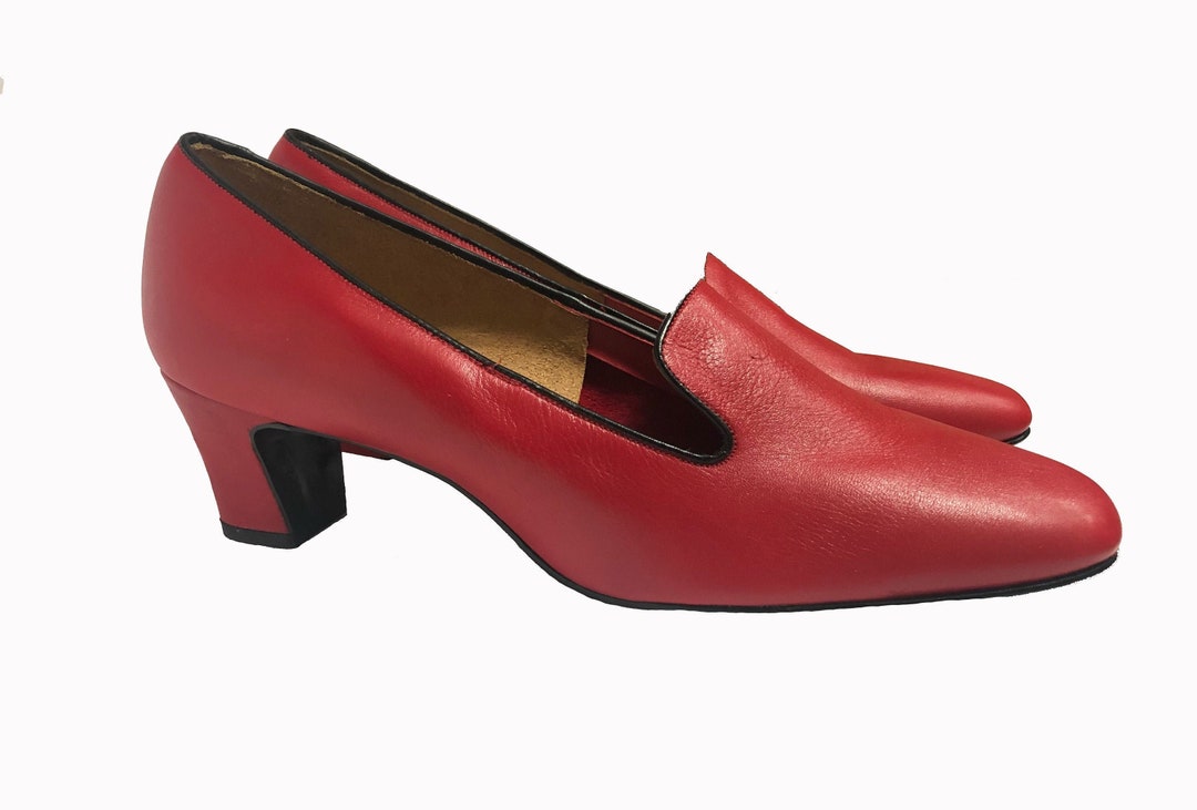 Vintage 60s Cherry Red Leather Pumps Shoes 9B Square Toe Chunky Heel ...