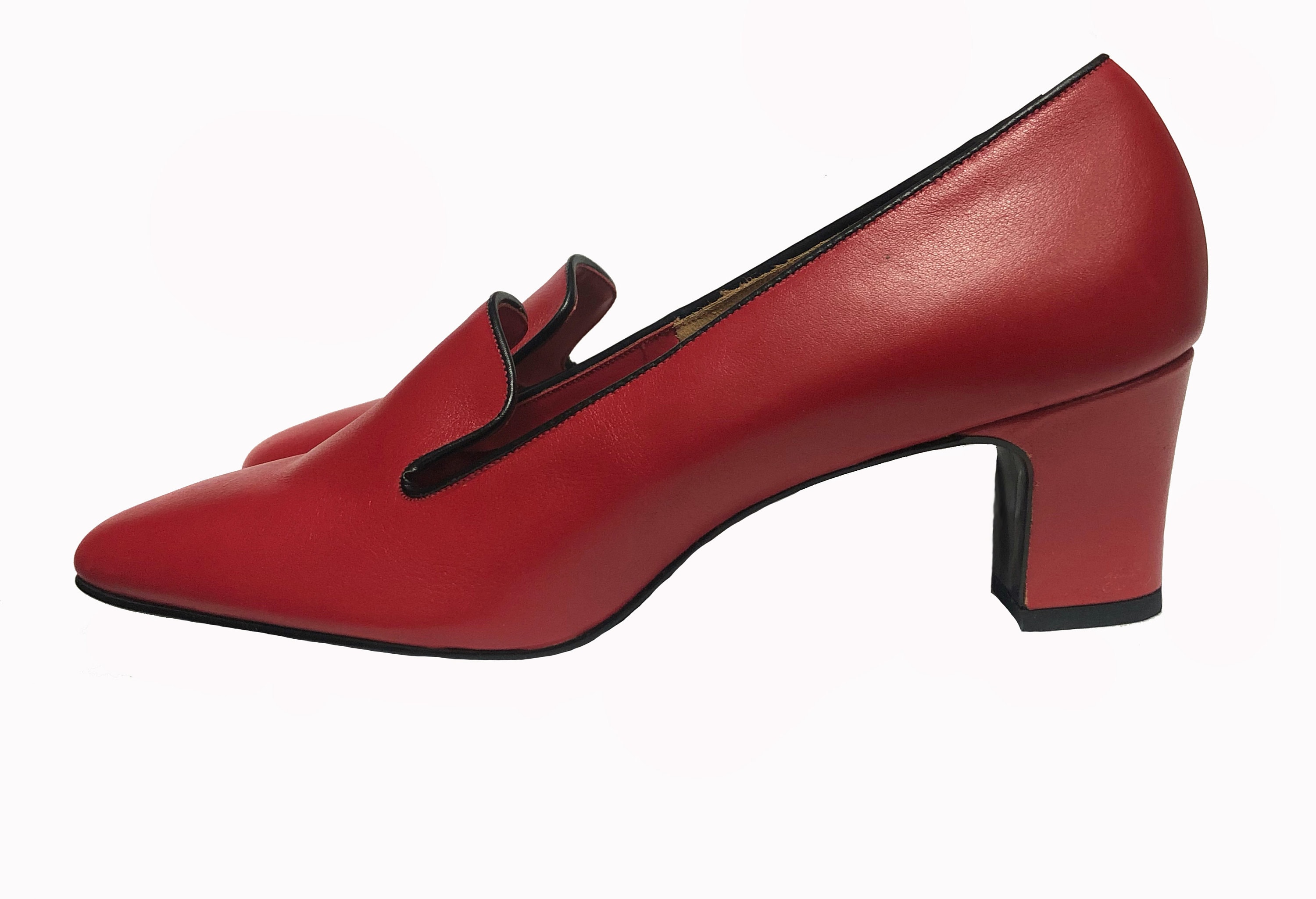 Vintage 60s Cherry Red Leather Pumps Shoes 9B Square Toe Chunky Heel ...