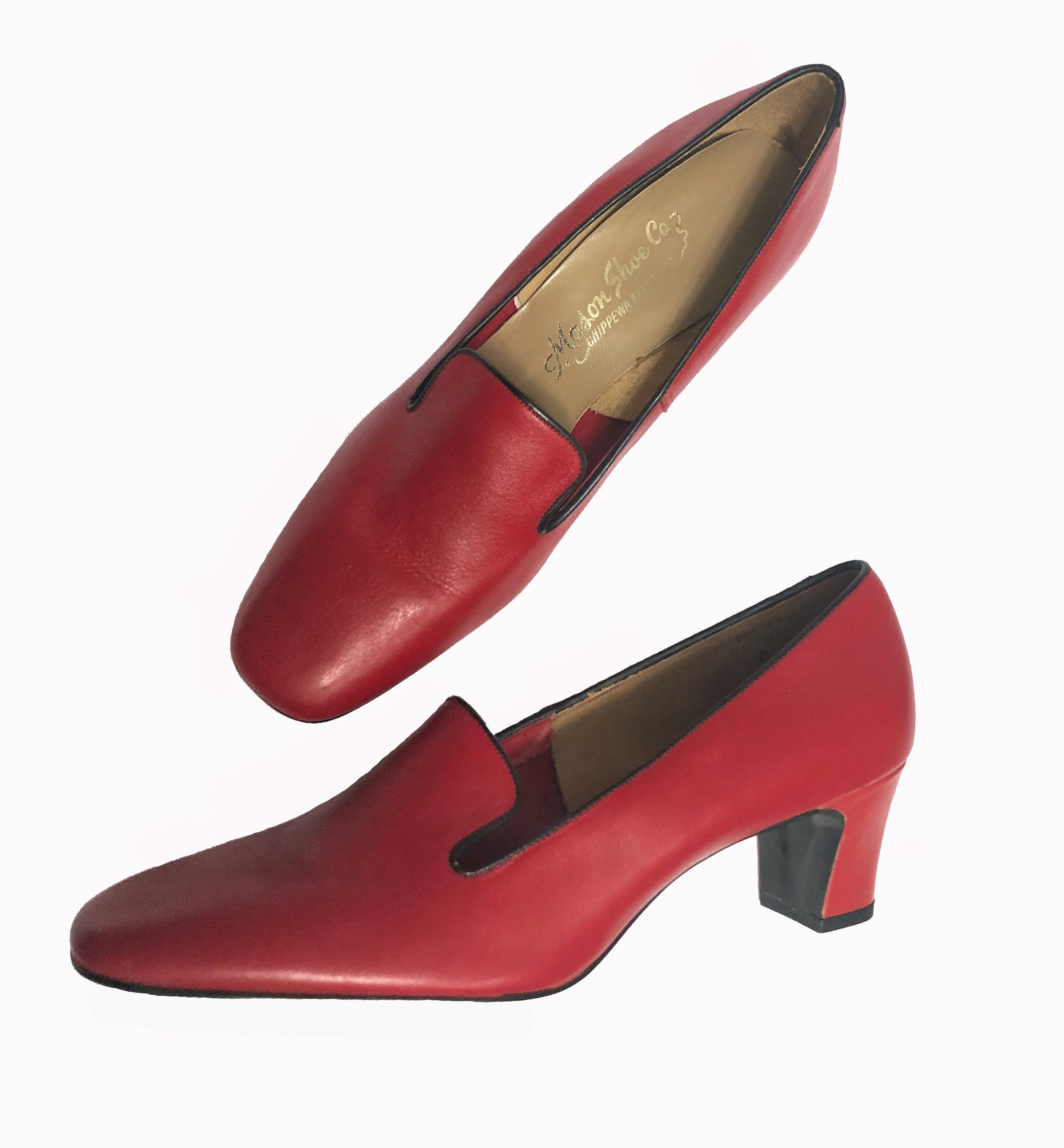 Vintage 60s Cherry Red Leather Pumps Shoes 9B Square Toe Chunky Heel ...