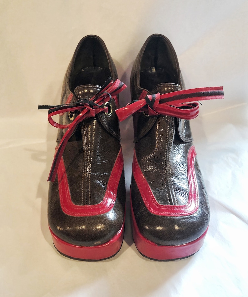 Authentic Vintage 70s Platform Shoes Chunky Heels Red And Brown Patent Etsy