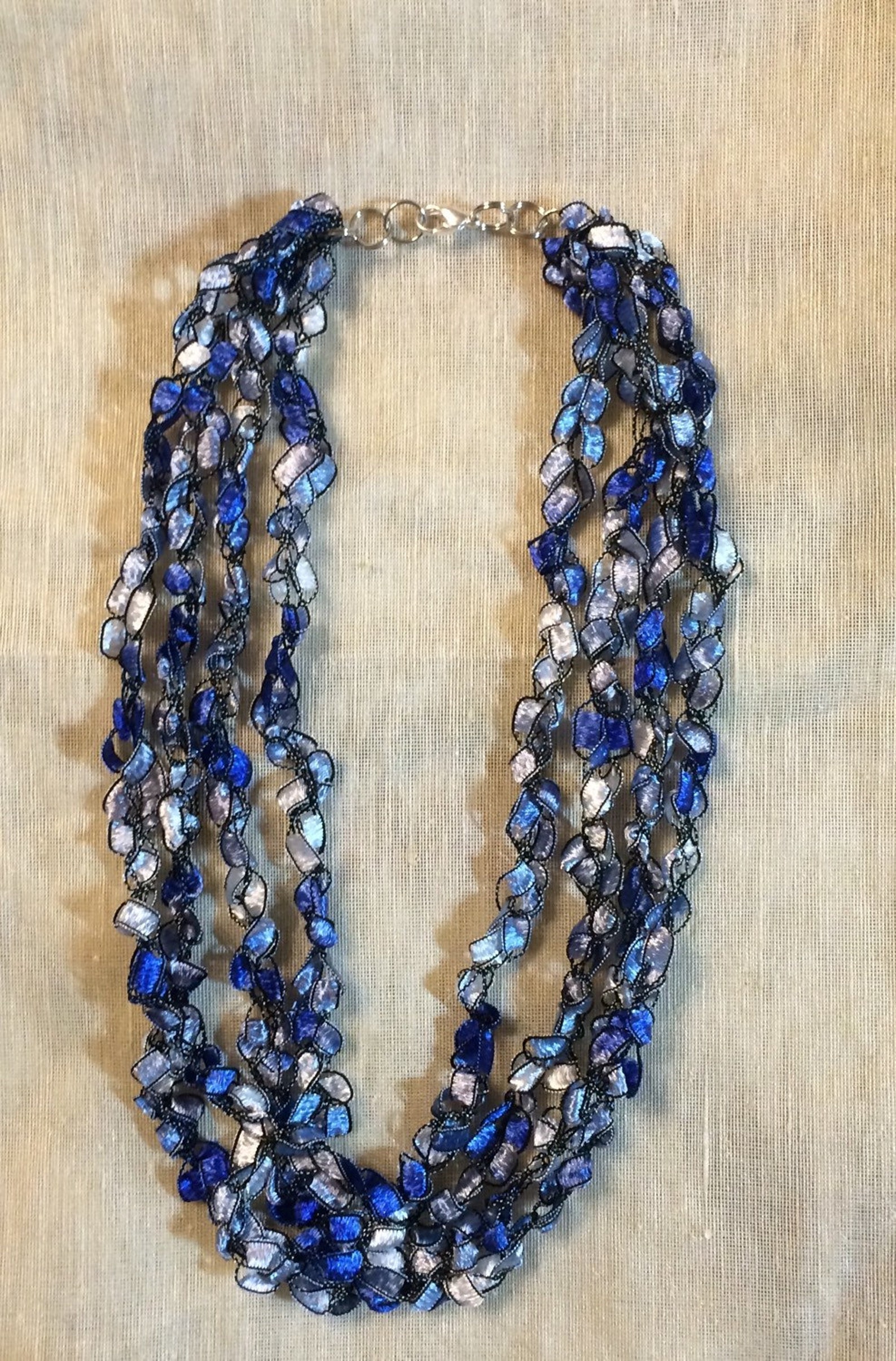 Royal Blue Silver Ribbon Necklace Trellis Ribbon Yarn Hand - Etsy