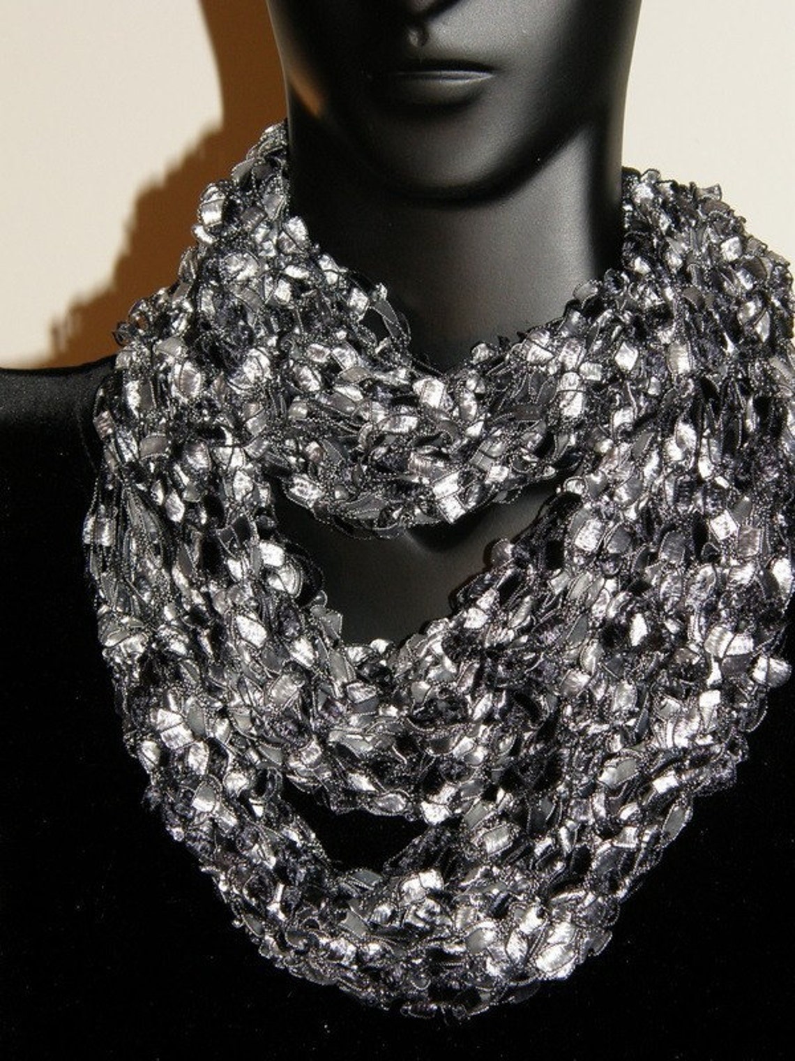 Fancy Ribbon Scarf Black Silver Color Ribbon Yarn Like Beaded | Etsy