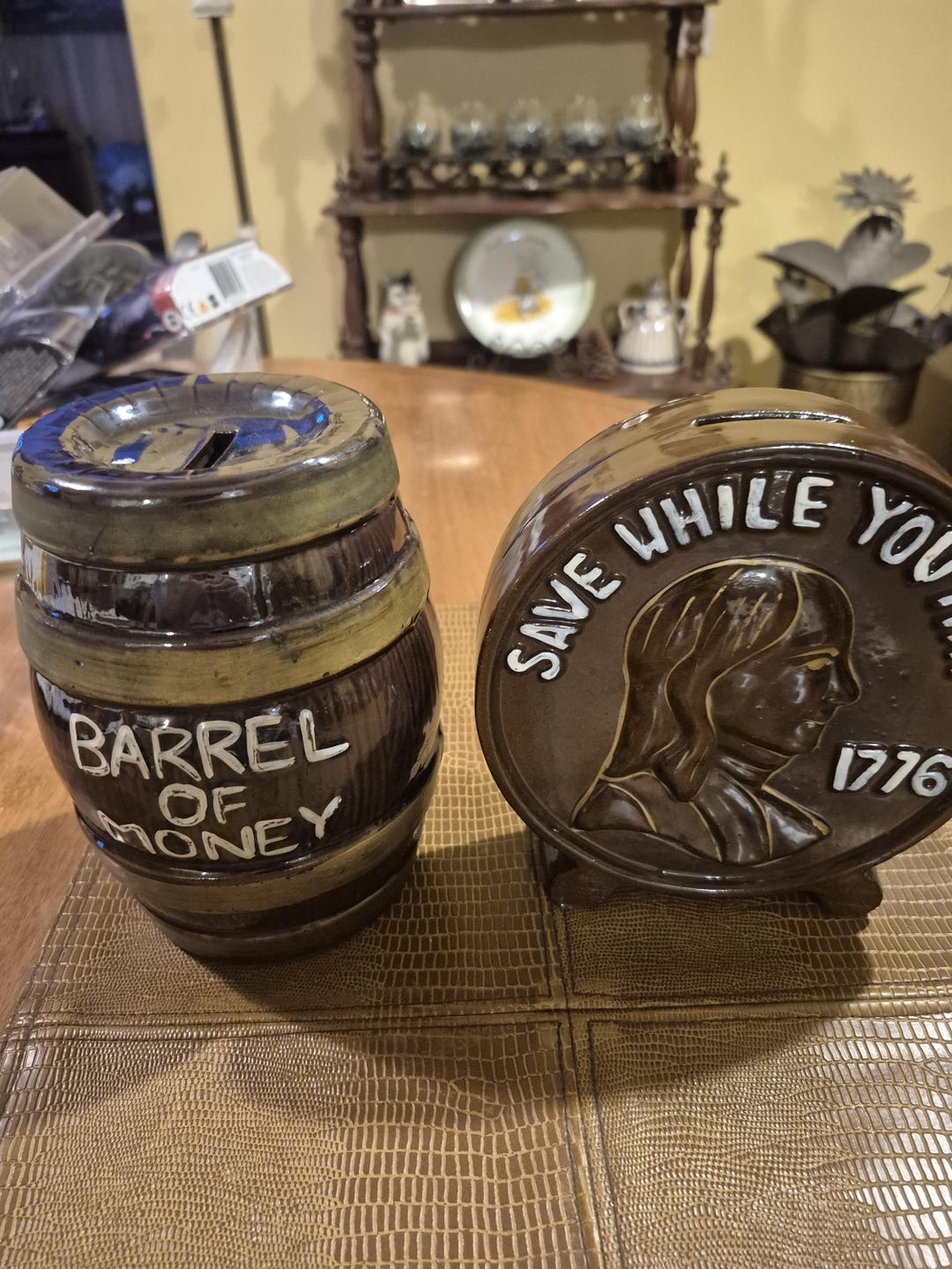 2 Vintage Porcelain Coin Banks. the First is a Barrel of Money, and the ...