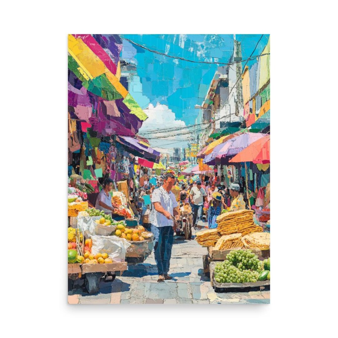 Colorful Market Street Painting – Vibrant Urban Street Scene Wall Art ...