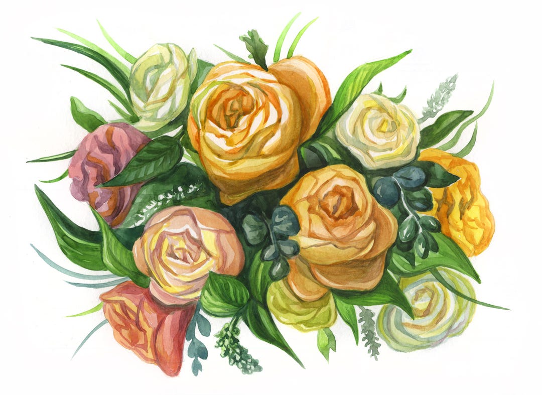 Hand Painted Watercolor Bouquet of Orange Roses | Watercolor Painting ...